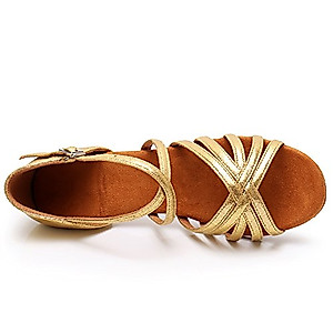 DKZSYIM Girls&Women's Satin Latin Dance Shoes Professional Ballroom Salsa Practice Performance Dancing Shoes, WH-BDJ-Gold,13.5 M Little Kid
