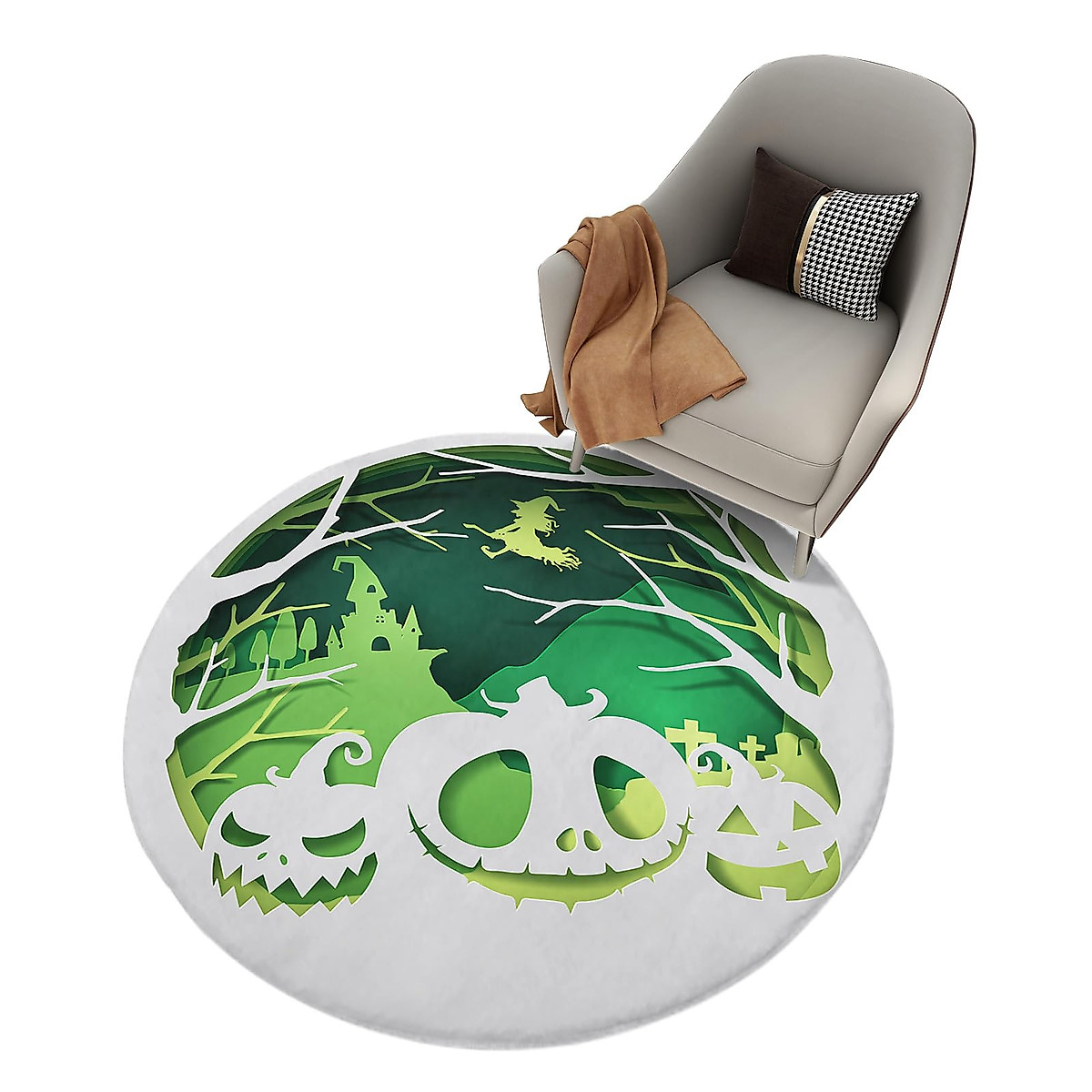 Halloween Fluffy Round Area Rug Carpets 3.3ft, Plush Shaggy Carpet Soft Circular Rugs, Non-Slip Fuzzy Accent Floor Mat for Living Room Bedroom Nursery Home Decor Green Horror Haunted-House Pumpkin