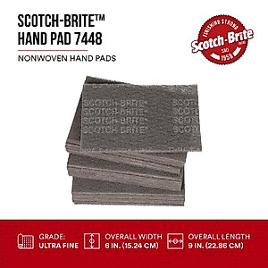 Scotch-Brite Ultra Fine Grade 7448 Hand Pad, Pack of 3, 6 in x 9 in Hand Pads, Nonwoven Silicon Carbide, Surface Preparation, Scuffing, and Cleaning, Gray