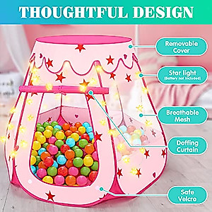 KIDAMI Princess Pop Up Tent with Star Lights for 1 2 3 Year Old Girls Birthday Gift, No Assembly Required, Easy to Fold with Portable Bag, Toddler Baby Girl Toys Kids Ball Pit Indoor Outdoor Playhouse
