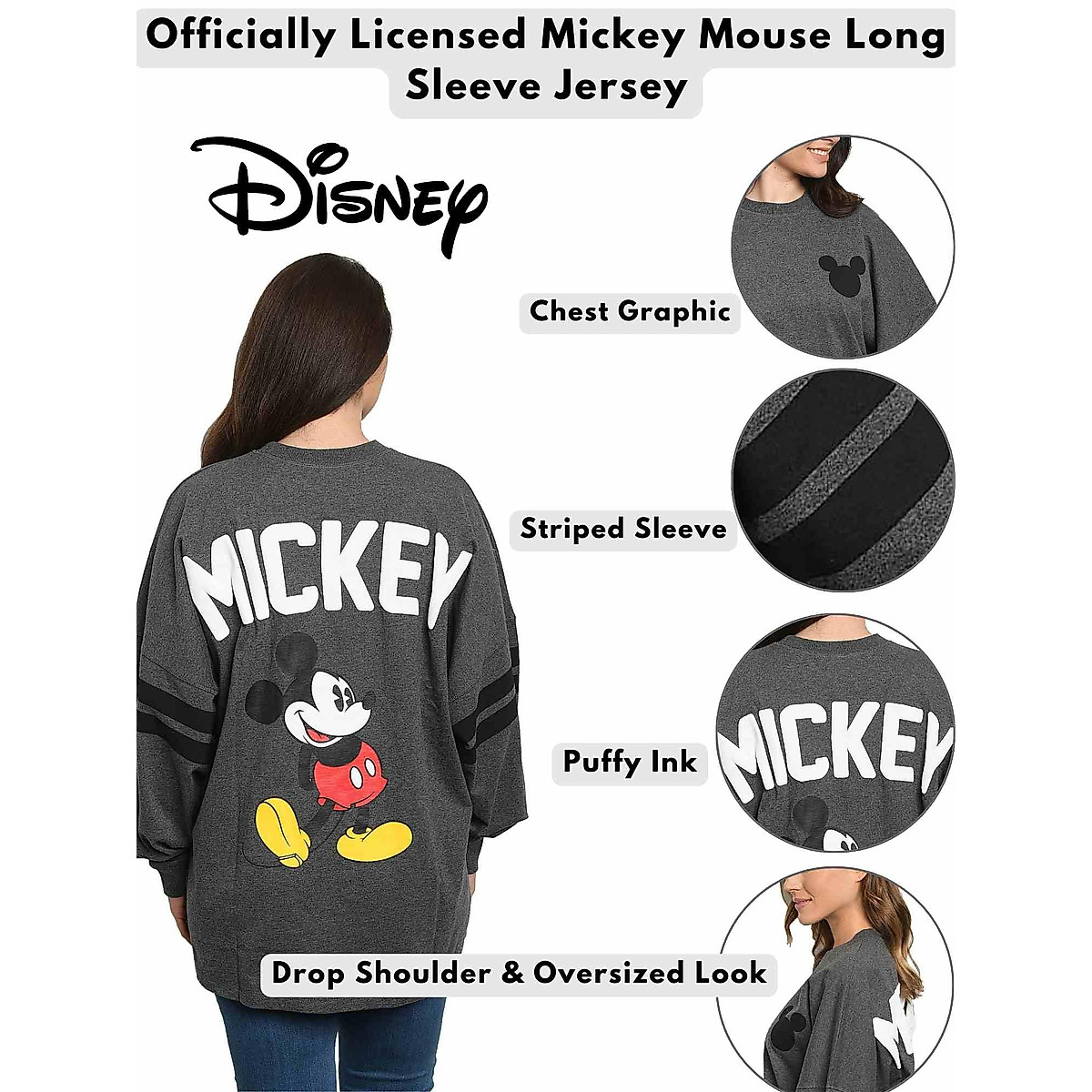 Disney Womens Long Sleeve Jersey Oversized Mickey Mouse (Charcoal, Large)