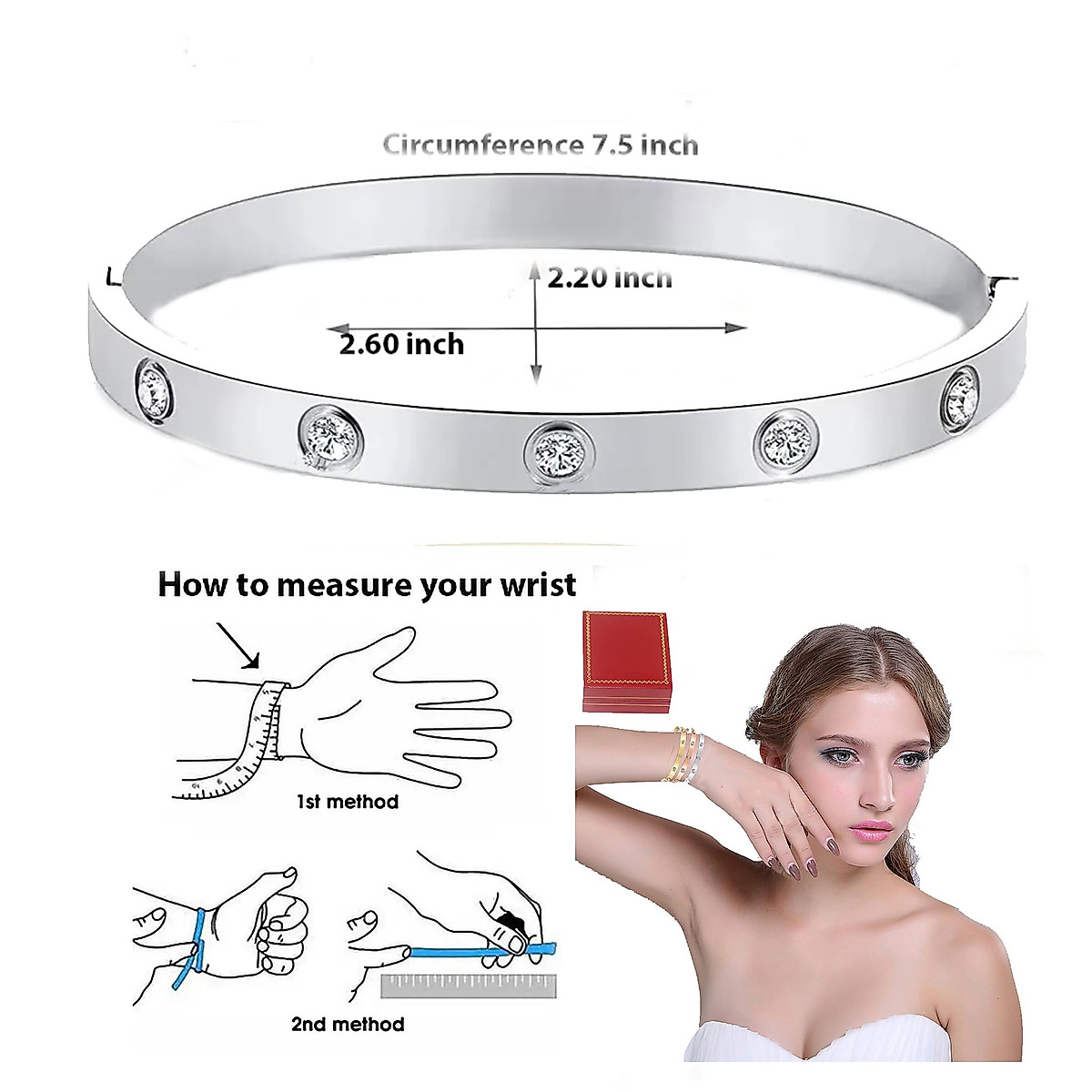VPKJewelry Stainless Steel Present for Girls Womens Teen Jewelry Oval Bracelet Bangle Birthday gifts Silver White Yellow Gold Plated Cubic-Zircon stones free red nice box (White, 7.50)