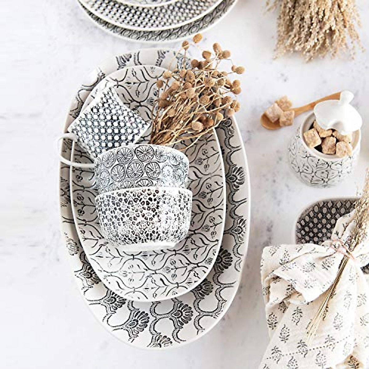 Creative Co-Op 6 oz. Hand-Stamped Stoneware Creamer Sugar Jar with Spoon Sugar & Creamer, 8.25", Black & Cream