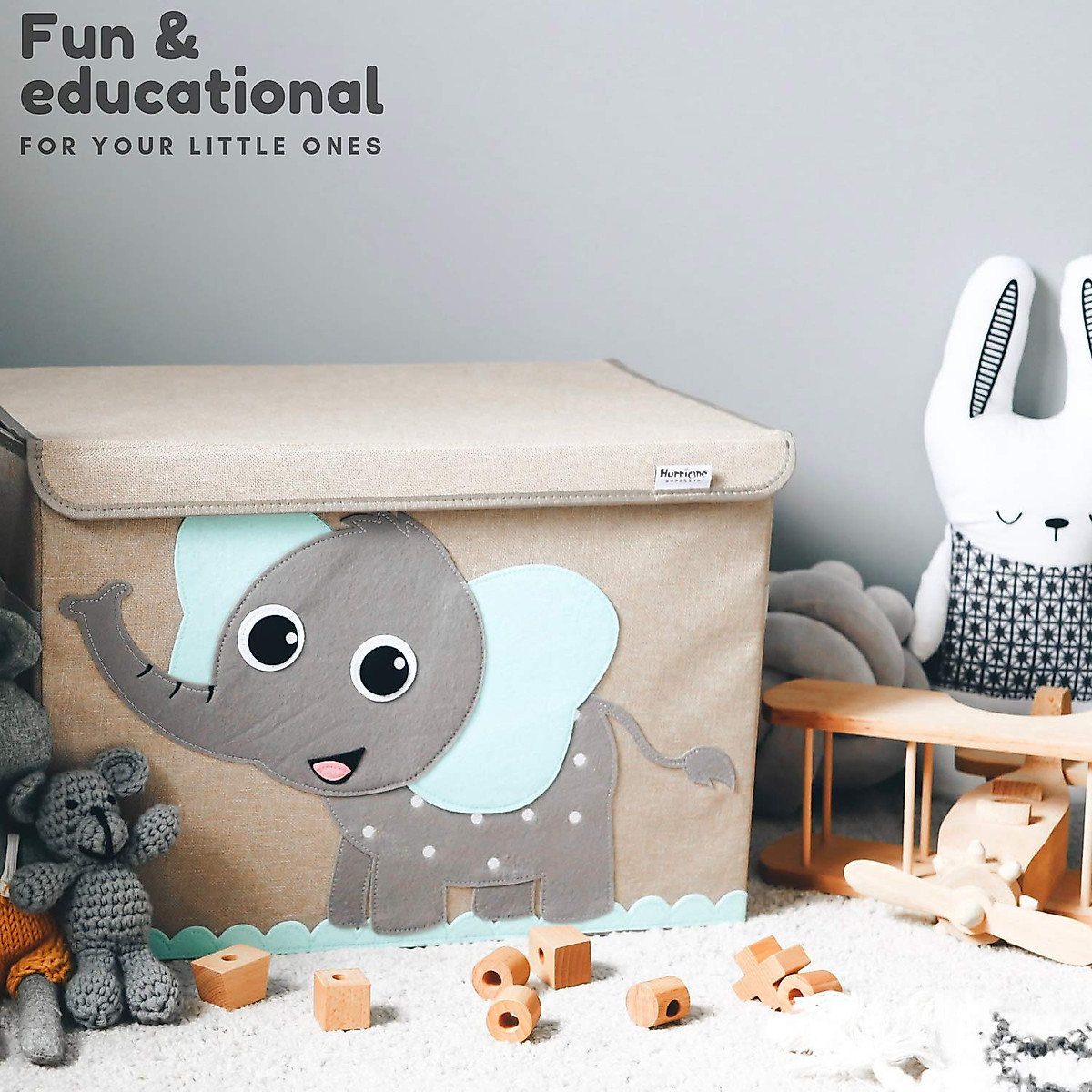 Hurricane Tots Large Toy Chest. Canvas Soft Fabric Children Toy Storage Bin Basket with Flip-top Lid. Collapsible Gray Toy Box for Kids, Boys, Girls, Toddler and Baby Nursery Room