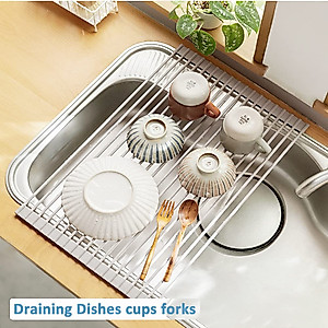 ZOIMINU White Roll Up Dish Rack, Over Sink Dish Drying Rack, Heat-Resistant Anti-Slip Stainless Steel Dish Drainer with Silicone-Coated for Cups Fruits Vegetables - 20.5" x 13.1"