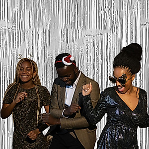 ALFROTEY 4Pcs Silver Foil Tassel Photo Photography Backdrop Event Decoration Curtains for Birthday Wedding Bachelorette Christmas Festival Graduation Celebration Party Decoration (Silver, 3FT*6FT)