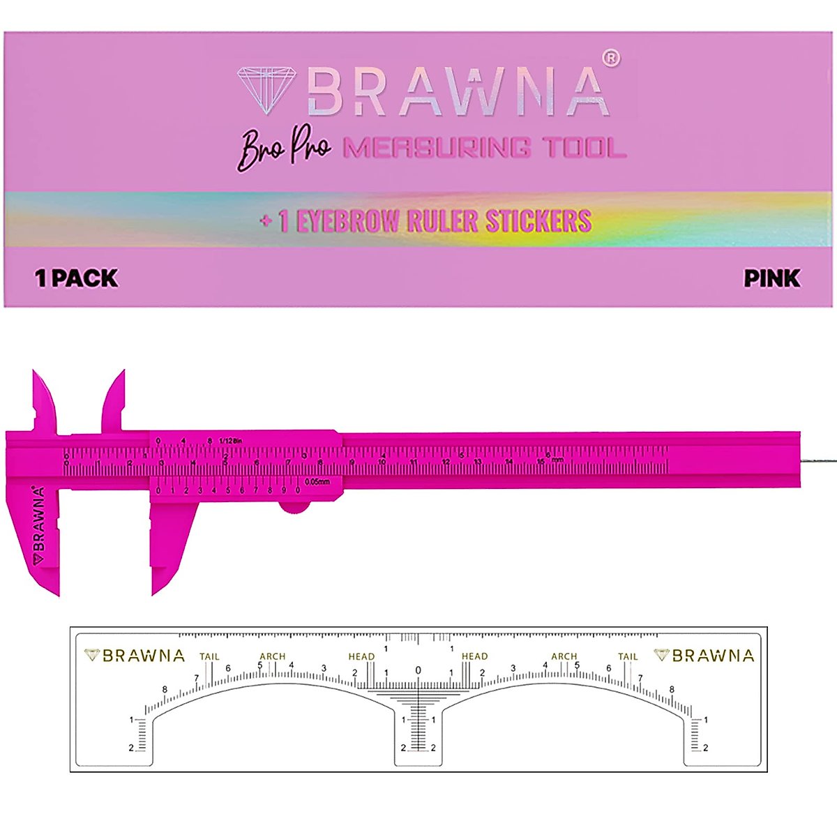 BRAWNA 1 Pc Brow Pro Measuring Tool with 1 Eyebrow Ruler Sticker - Double Scale Eyebrow Ruler for Microblading - Eyebrow Mapping - Caliper Vernier - PMU Supplies - Eyebrow Calipers Ruler Plastic- Pink