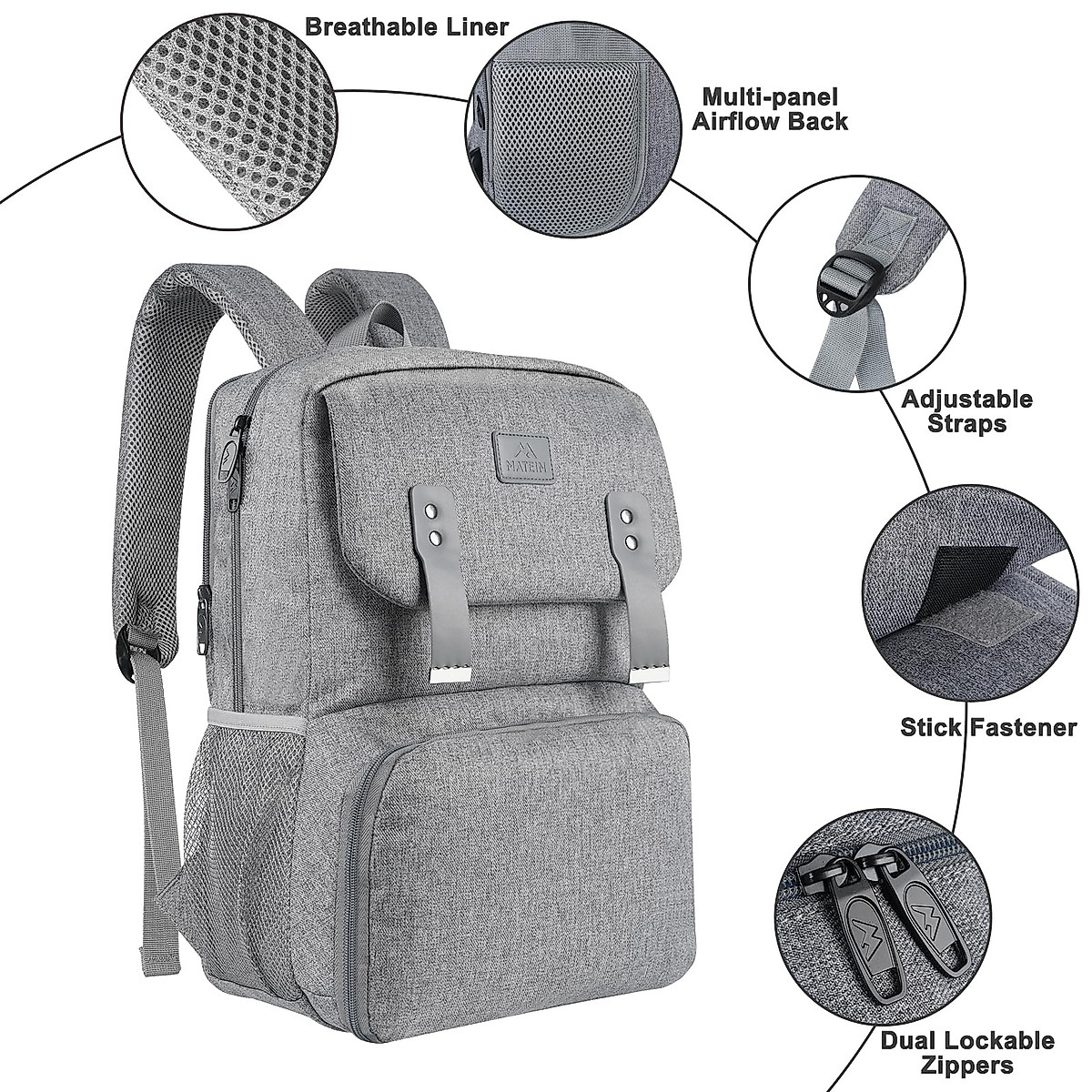 MATEIN Lunch Bags for Women, Cooler Lunchbox Insulated Work Backpack with USB Charging Port, Water Resistant Travel Computer Bag College Daypack Fits 15.6 Inch Laptop Friendship Gifts for Women, Grey