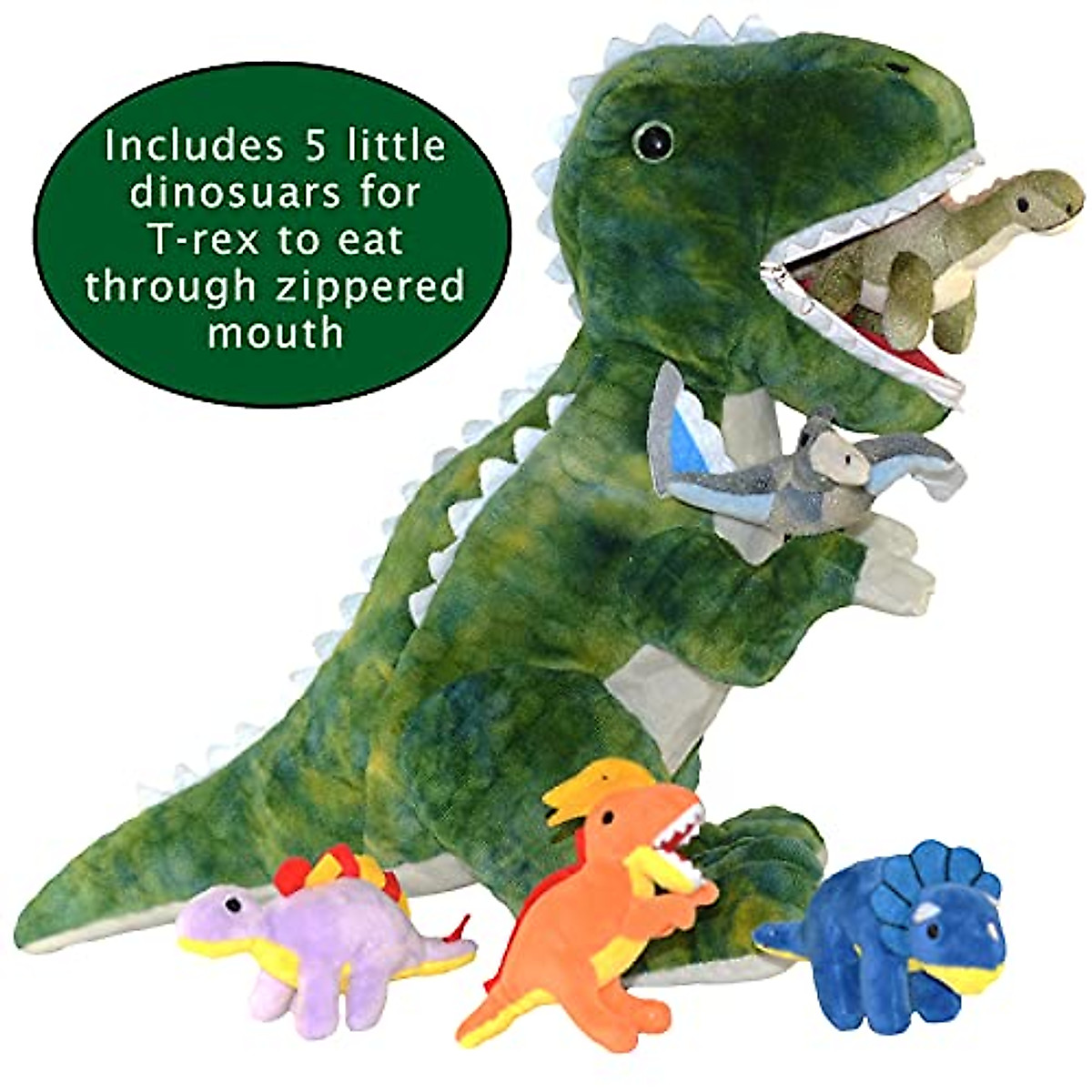DreamsBe Dinosaur Stuffed Animal T-Rex and 5 Little Dinos for Boys & Girls - Plush Stuffie with Zippered Pocket Eating Dinosaurs Gift Ages 3 4 6 7 8 9 Years