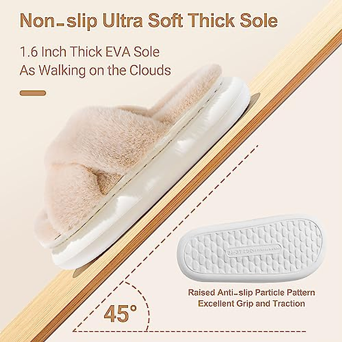 SOSUSHOE Womens Slippers Fluffy Slippers Ultra Comfy Open Toe House Slippers Memory Foam Non-slip Indoor Outdoor Slippers Fuzzy Slippers Soft Thick Sole,Khaki