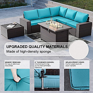 Kullavik 7 Pieces Outdoor Patio Furniture Set with 43" 55000BTU Gas Propane Fire Pit Table PE Wicker Rattan Sectional Sofa Patio Conversation Sets,Green Blue