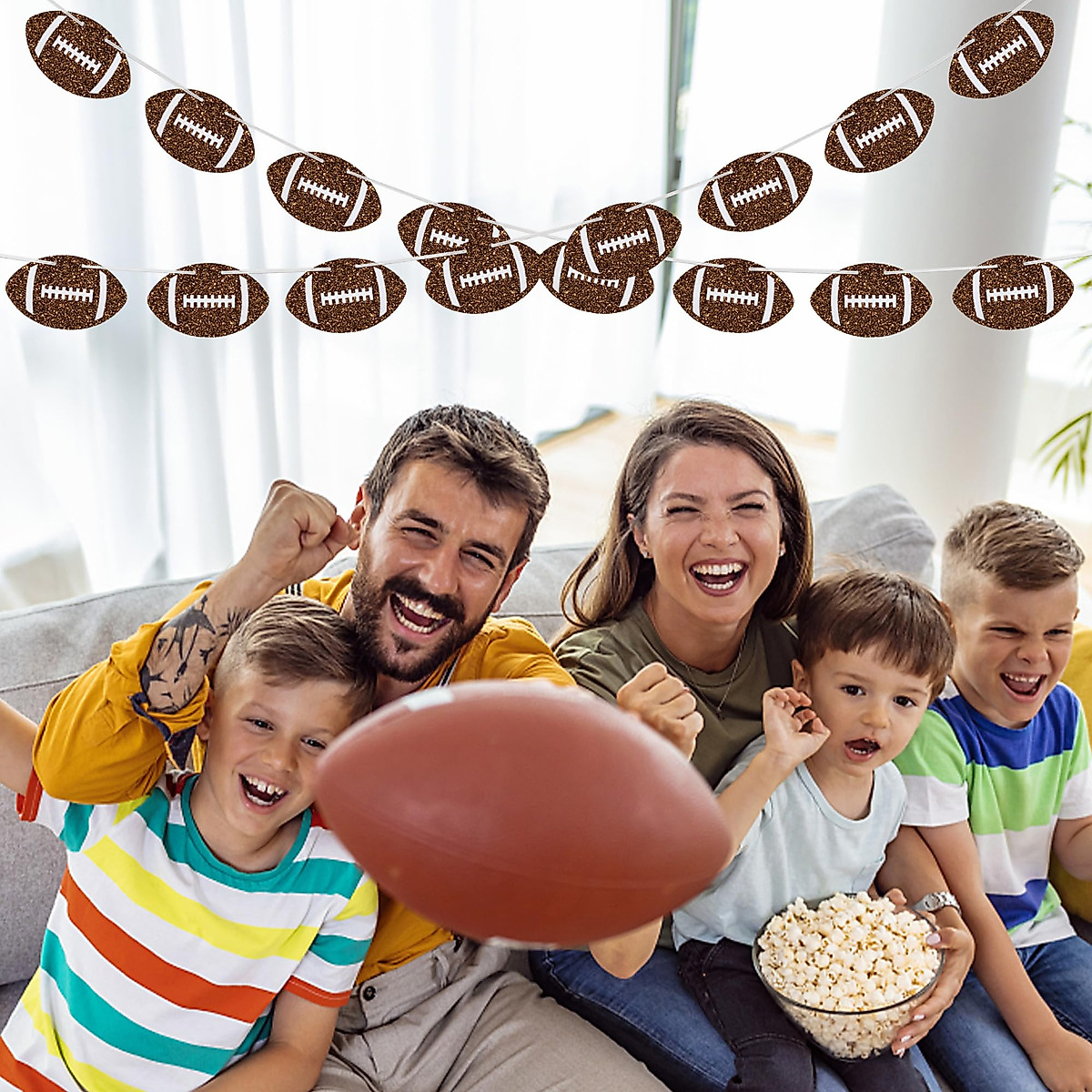 5 Count Football Party Banner Football Paper Garland Sports Theme Hanging Decorations Glitter Football Banner for Superbowl Game Day Boys Birthday Baby Shower Party Supplies