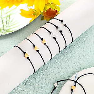 Otuuz 20 Pieces Silver Gold Heart Charm Bracelets Black String Adjustable Bracelet Braided Matching Bracelets Friendship Jewelry for Women Men