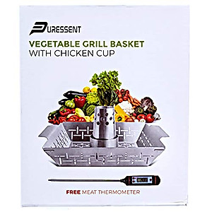 Beer Can Chicken Holder Combo with Free Meat Thermometer- Vegetable Grill Basket-BBQ Grilling Gifts for Men Accessories-Roaster Rack - Vertical Stand for Kabob-Fish-Turkey-Fits Outside Smoker