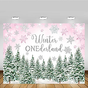 MEHOFOND 7x5ft Winter Onederland Backdrop for Girls First Birthday Pink Silver Glitter Snowflake Photography Background Pine Trees Happy 1st Birthday Party Banner Decorations Photo Booth Props