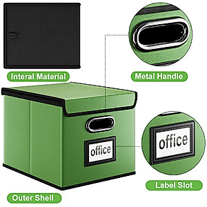 Huolewa Upgraded File Organizer Box with Lid, Collapsible Faux Leather Document Organizer, Hanging File Folder Box with Plastic Slide, Decorative Filing Box Cabinet for File and Folders Storage(Green)