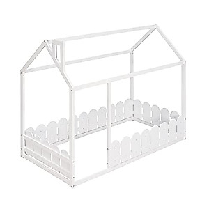 BIADNBZ Twin Size House Floor Bed Frame with Roof, Wooden Montessori Bedframe with Fence, for Kids Teens Bedroom, Slats are not Included, White