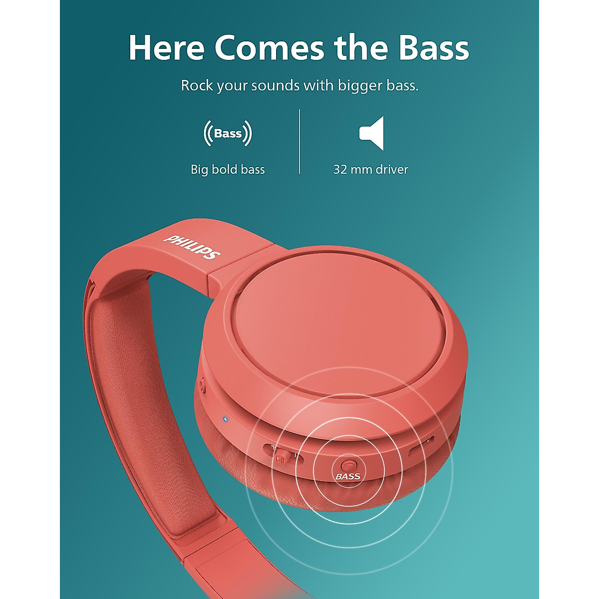 PHILIPS H4205 Wireless Headphone,On-Ear Bluetooth Headphone with BASS Boost,Quality Sound,32mm Drivers,29-Hour Battery Life,Fast Charging,Lightweight,Adjustable Cushioned Headband,Soft Ear Cups,Red
