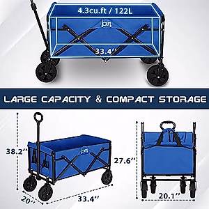 Rollefun Wagon Cart with Wheels Foldable - Collapsible Utility Wagon Heavy Duty, Folding Grocery Wagon, All Terrain Wagon Outdoor Camping Garden