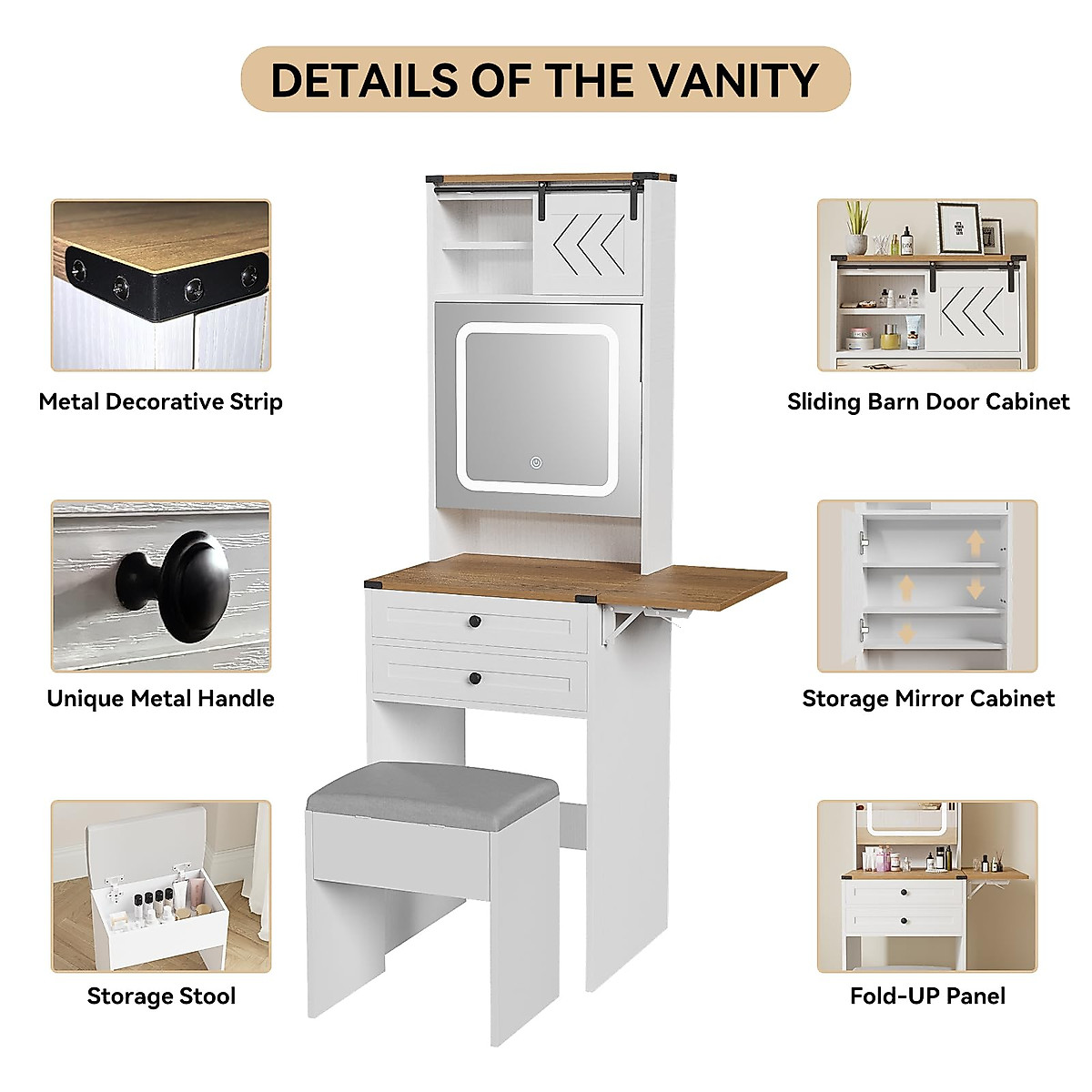 ARTETHYS Farmhouse Small Vanity Desk Set with Mirror Cabinet Compact Makeup Vanity Table with 3 Adjustable Lighted Mirror and Storage Chair for Small Space, White Dressing Table with Fold-up Panel