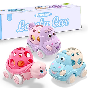 WESAYEE Pink Toy Car for Baby Girl Gifts, Push Toys Wind Up Cars for Toddler Girls, Rattle Cars for Babies, Pink Trucks for Toddlers 1-3 Infant Girls, Soft Truck Infants Gift