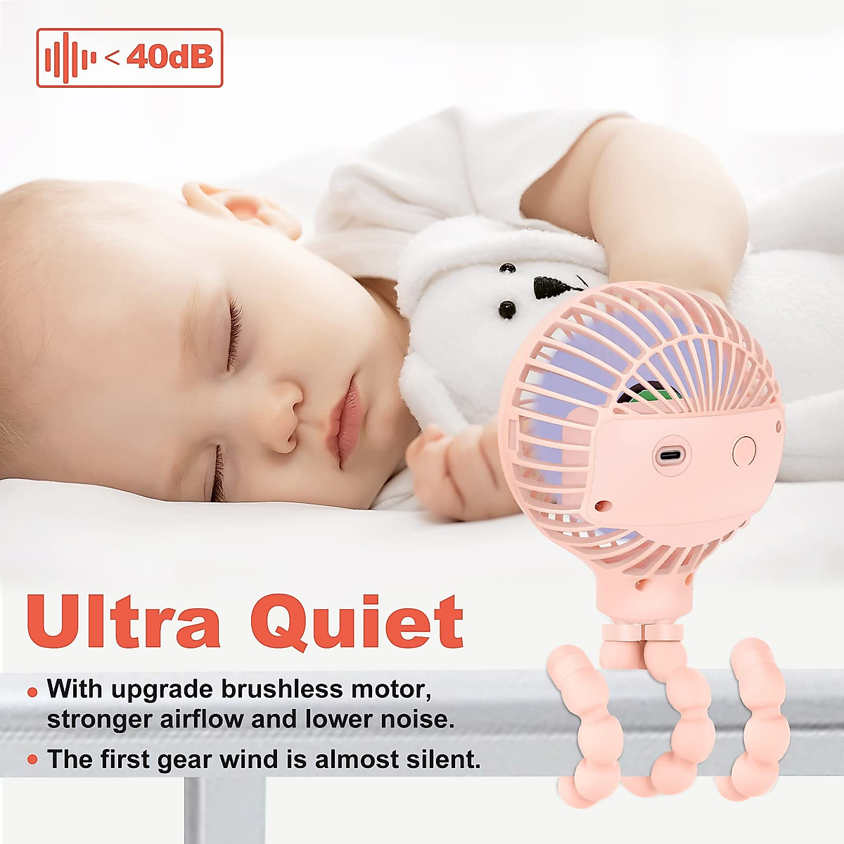 TRELC Mini Handheld Stroller Fan, Personal Portable Baby Fan with Flexible Tripod, 2024 Upgraded Version, Gift for Children, Rechargeable Fan for Office Room Car Traveling BBQ Gym Fan (Pink)