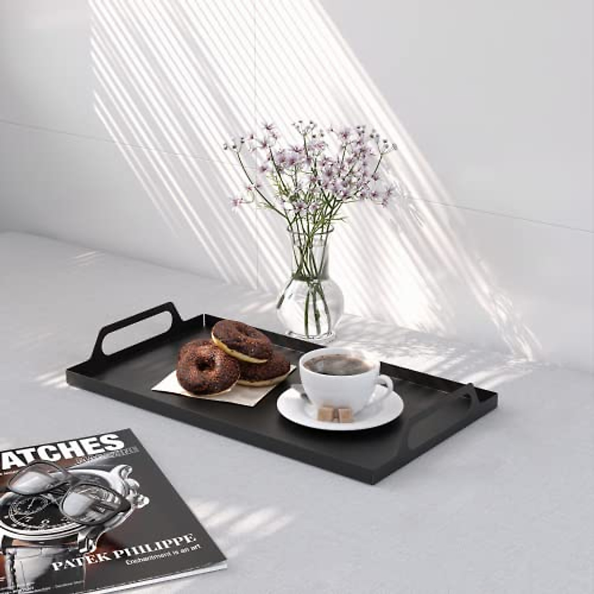 HORIAMIT Coffee Table Tray, Serving Tray Snack Tray Rectangle Black Metal Tray with Handles 16.7x9.5 inches, Vanity Tray Bathroom Organizer Kitchen Tray for Counter