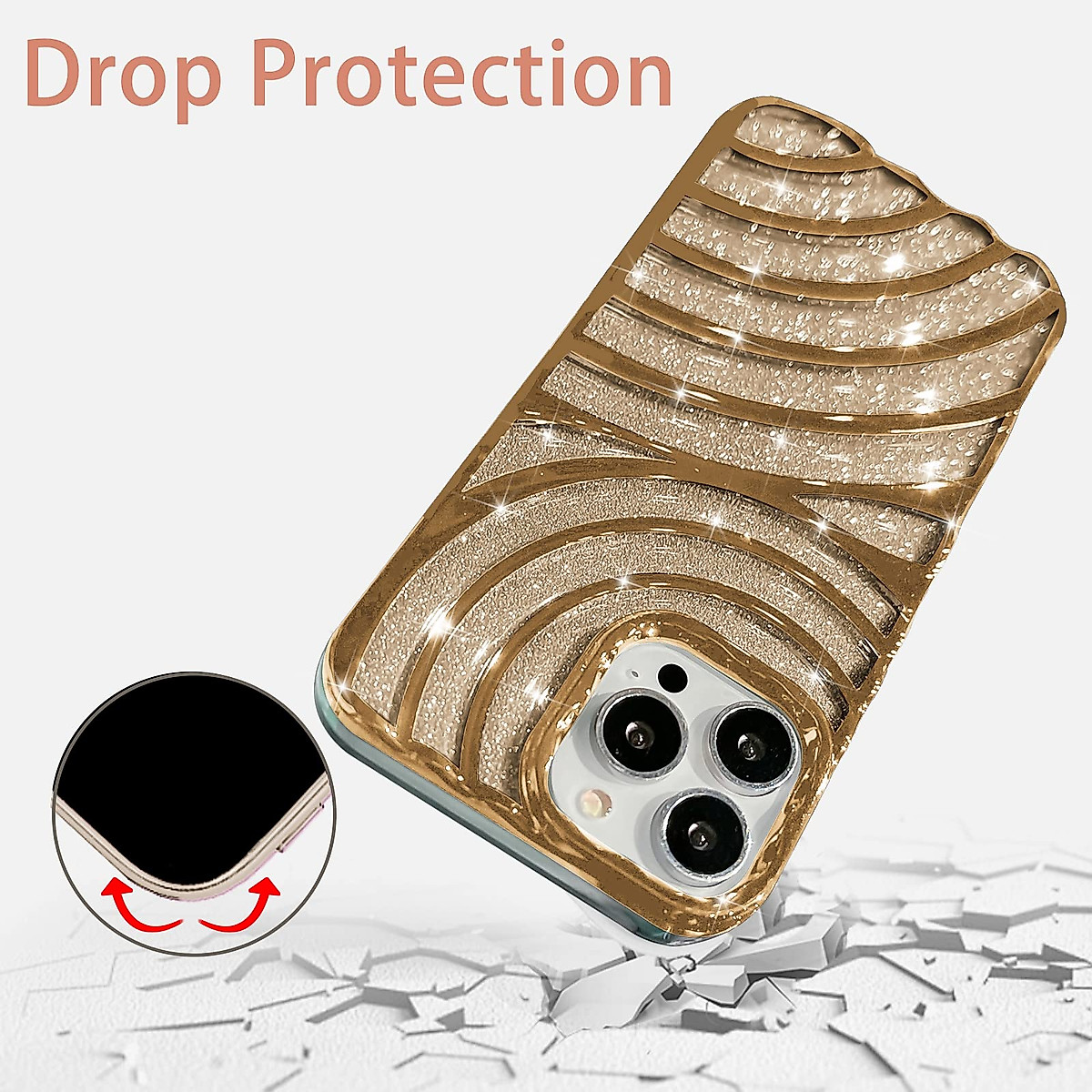 MGQILING Compatible with iPhone 13 Pro Max Case 6.7 Inch, Cute 3D Design Planting Water Ripple Case, Bling Sparkle Case for Women Girls, Soft Silicone Shockproof Camera Protective Back Cover-Gold