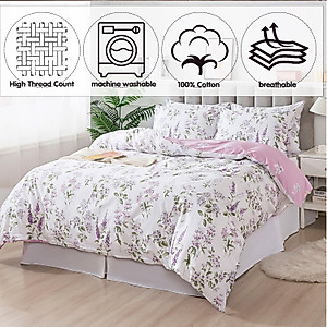 FADFAY Purple White Floral Duvet Cover Sets Queen 100% Cotton Lilac Lavender Reversible Comforter Cover French Country Bedding All Season Soft Crisp Green Leaves Bed Cover with Zipper 3 Pieces