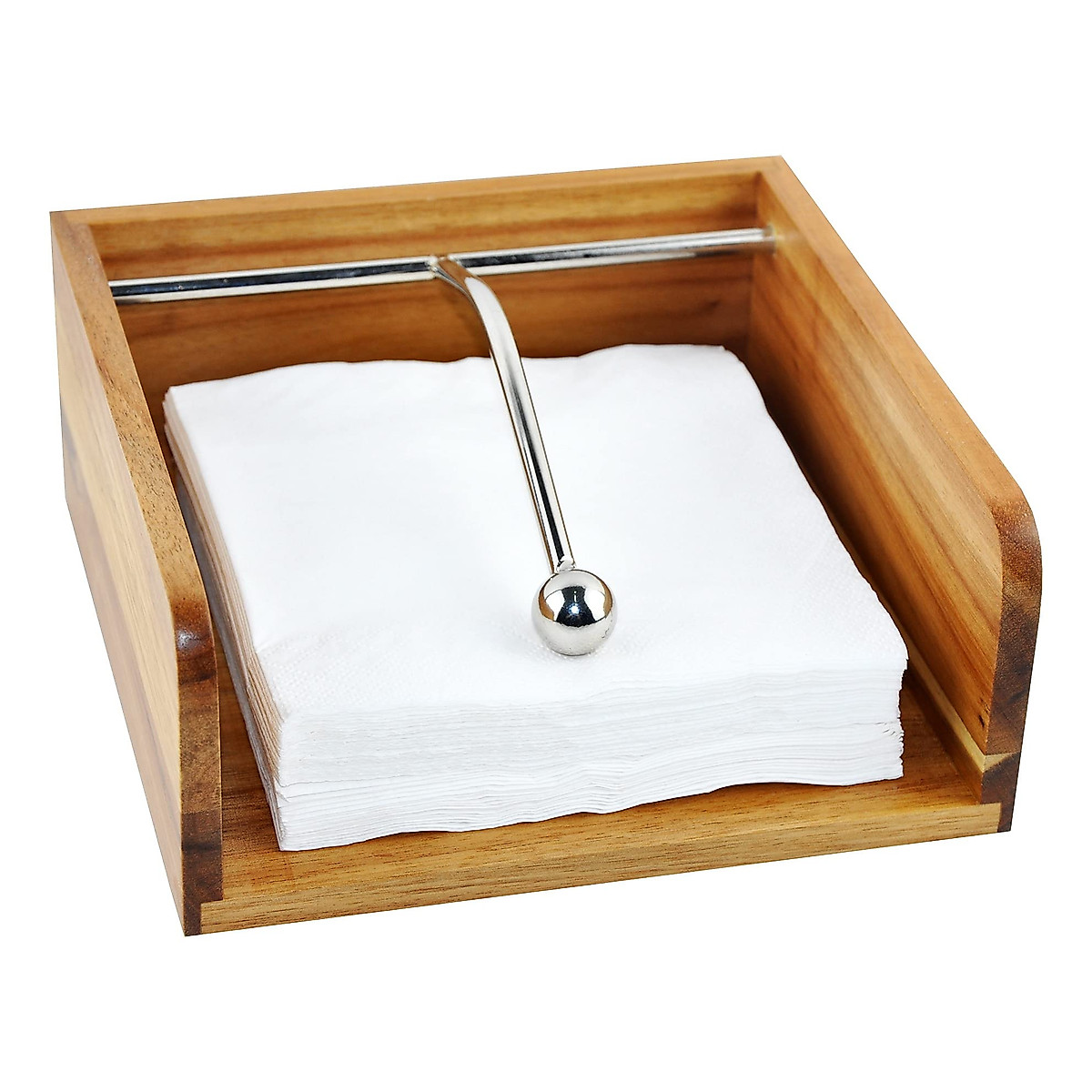 Spiretro Cocktail Paper Napkin Flat Holder, Decorative Beverage Napkin Caddy with Sophisticatedly Metal Center Bar, Solid Acacia Wood with Grain for Kitchen Dinging Countertop, Rustic Natural Brown