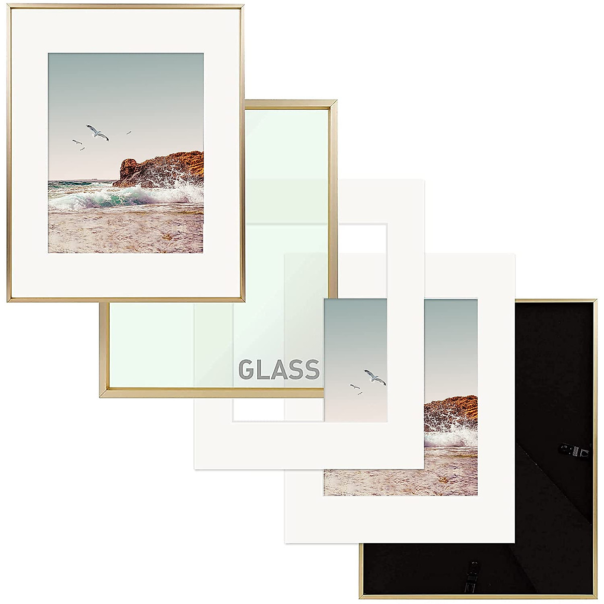 Frametory, 8x10 Aluminum Photo Frame for 5x7 Pictures with Mat or 8x10 without, Real Glass, Wall or Tabletop Metal Picture Frame Collection (Gold, 1 Pack)