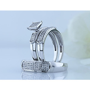 Dazzlingrock Collection 0.30 Carat (ctw) Round White Diamond Square Framed Wedding Trio Ring Set in 925 Sterling Silver, Women size 7 & Men size 9.5