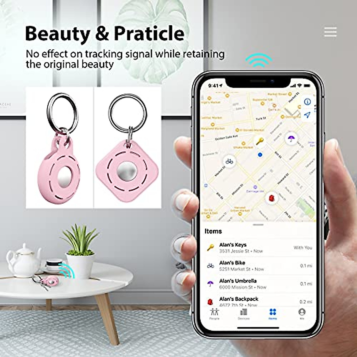 MILPROX Silicone Case Compatible for AirTag (2021) 2 Pack, Soft Anti-Scratch Shockproof Protective Full Body Air Tag Skin Cover with Keychain Carabiner and Rope for AirTag Finder - Pink