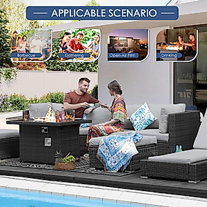 NICESOUL 10 Piece Modern Outdoor Patio Furniture Set with Firepit Natural Gas Propane Convertible, 29.3'' High Back Extra Large Size Wicker Conversation, Deep Wide Comfortable Couch for Outside, Grey