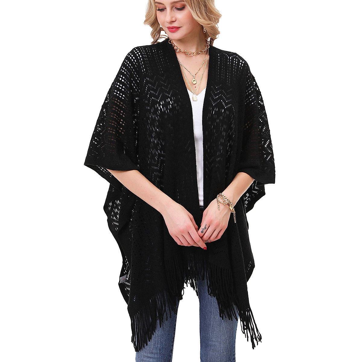 Knit Shawl Wrap for Women - Soul Young Ladies Fringe Knitted Poncho Blanket Cardigan Cape(One Size,Black)