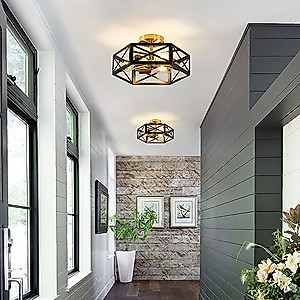 XSDeTu Modern Flush Mount Ceiling Light, 3-Light Black Gold Hallway Light Fixtures Ceiling Mount, Industrial Close to Ceiling Light with Metal Hexagon Cage Ceiling Lamp for Kitchen