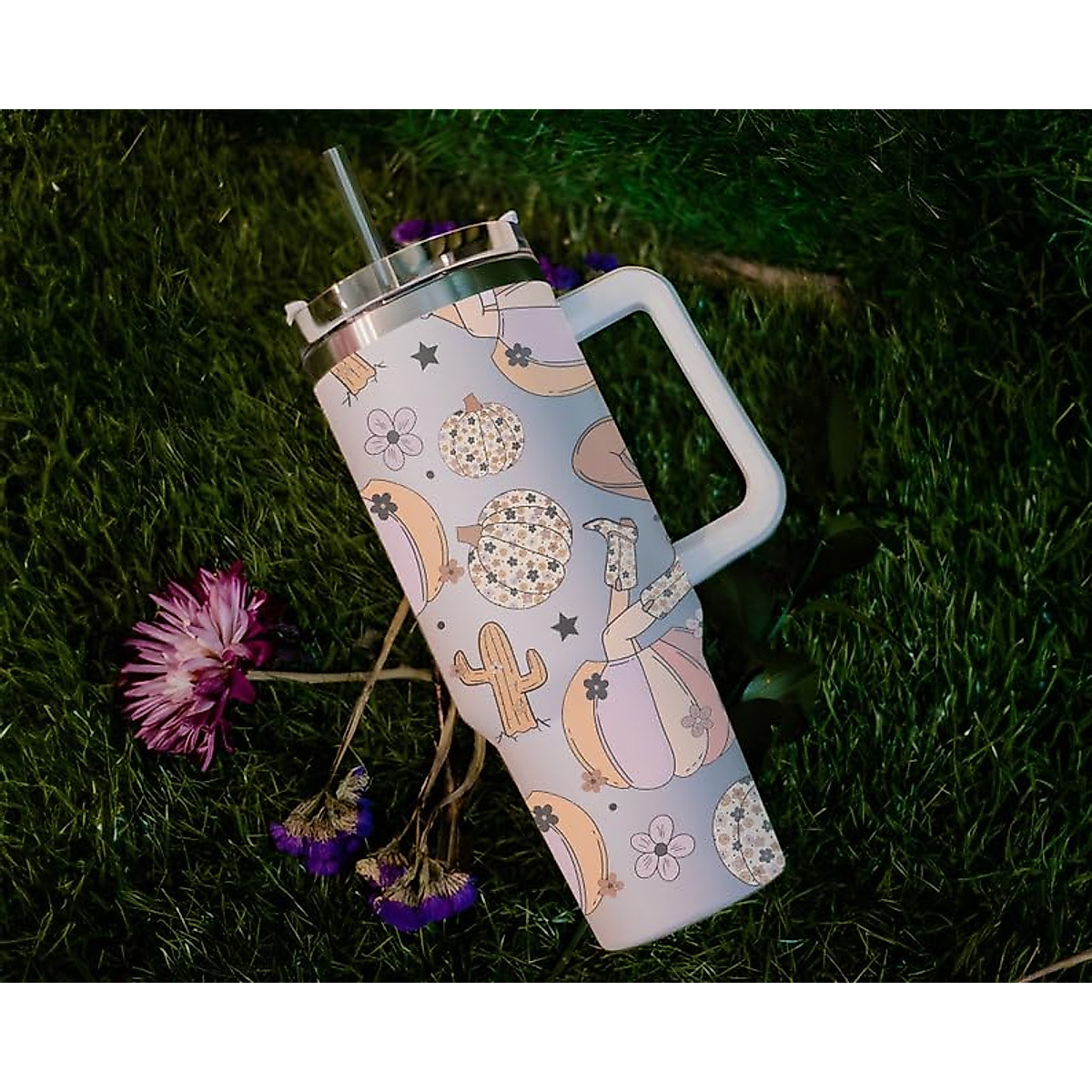 VTER Western Halloween Tumbler 40oz With Handle and Straw, Howdy Ghouls 40oz Tumbler, Cowgirl 40oz Stainless Steel Tumbler, Halloween Cup, Insulated Stainless Steel Tumbler (V2 pink dusk)