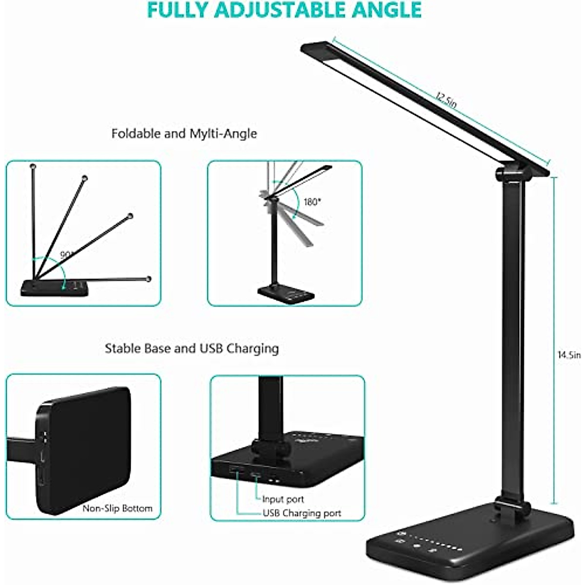 WEIDUOYI LED Desk Lamp Dimmable Home Office Lamp with USB Charging Port Reading Light Table Desk Lamps, Eye-Caring Table Lamp 45mins Timer Desk Light for Working and Reading Black
