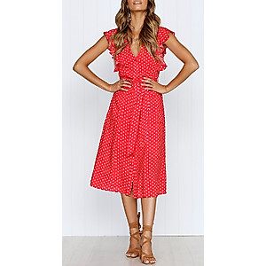 MITILLY Women's Boho Polka Dot Flutter Short Sleeve V Neck Button Down Swing Midi Dress with Pockets Medium Red