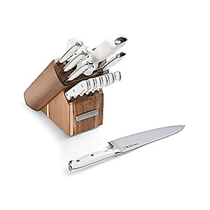 Sabatier 15-Piece Forged Triple Rivet Knife Block Set, High-Carbon Stainless Steel Kitchen Knives, Razor-Sharp Knife set with Acacia Wood Block, White Handles