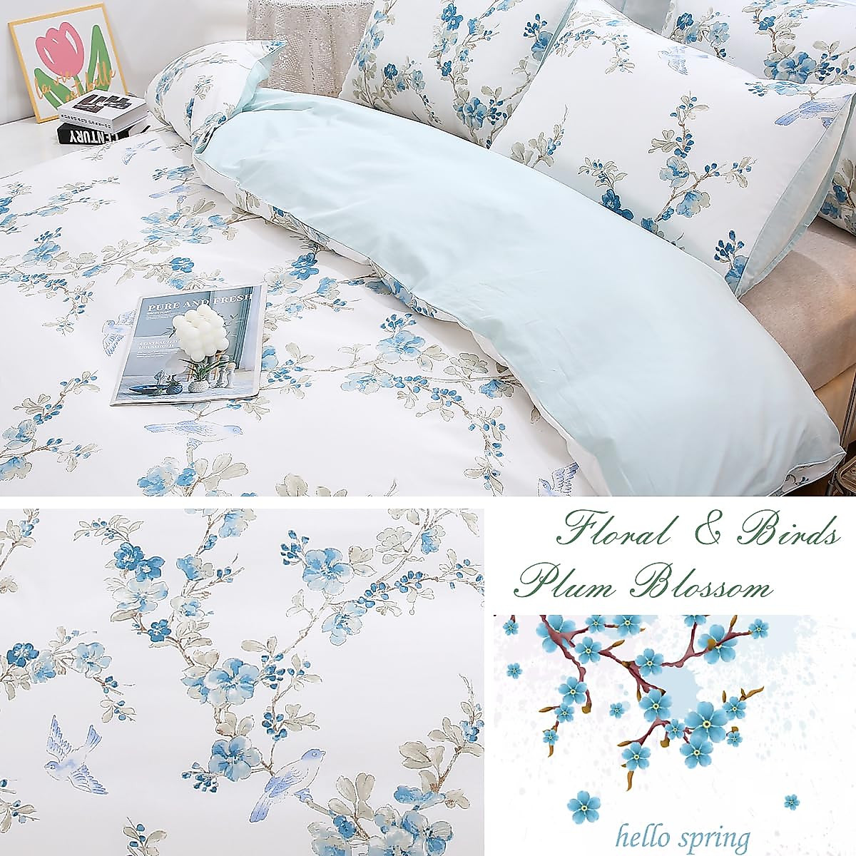 URBONUR Blue Floral Duvet Cover Set Queen Size 100% Cotton 3 Pieces Bedding Comforter Cover with Button Closure Birds on White Comforter Cover Sets, Soft Cooling Duvet Cover Queen