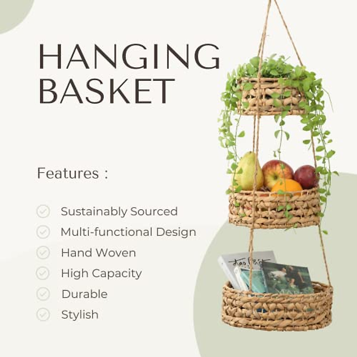 Hanging Fruit Basket Handmade Woven Hanging Basket Kitchen Storage. 3-Tier Fruit Baskets for Produce. Boho Hanging Planter Baskets - Kitchen Produce Storage Eco Friendly Organizer Heavy Duty