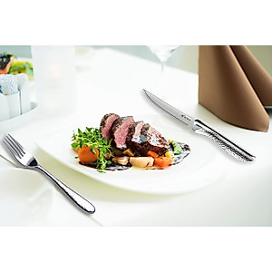 HISSF Serrated Steak Knives, Stainless Steel Sharp Blade Flatware Steak Knives Set of 6, Unique Hammered Pattern Hollowed Handle,4.5 In,For Kitchen Restaurant Tableware, Dishwasher Safe