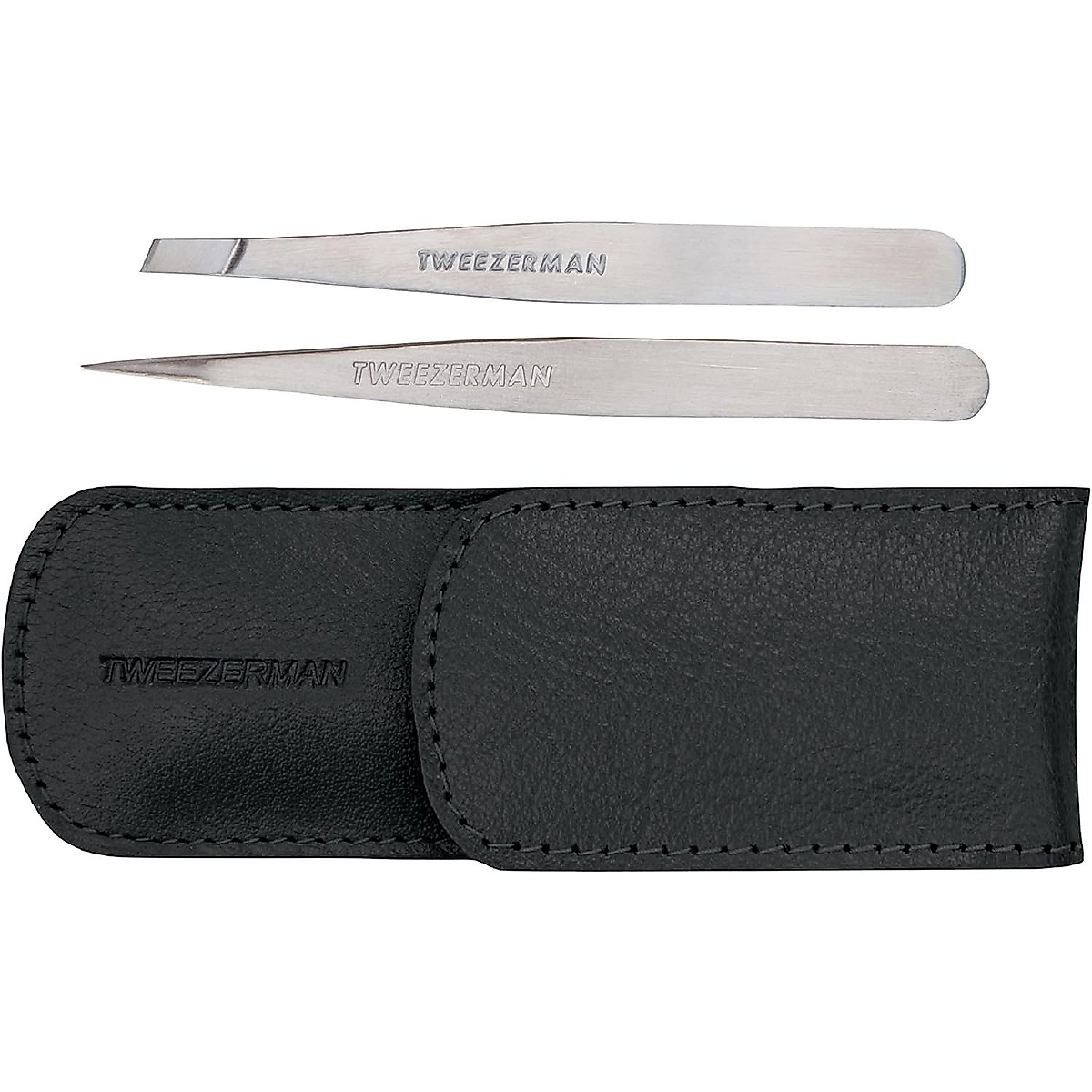 Tweezerman Petite Tweeze Set with Travel Case - Point and Slant Tweezers, Tweezers for Travel (Black Case)