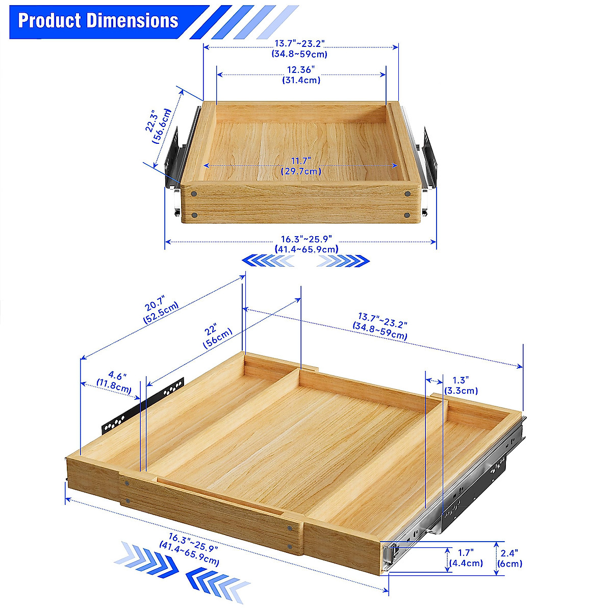 LOCVCDA Expandable Pull Out Cabinet Organizer, 16.3"~25.9"x22" Adjustable Width Wood Cabinet Pull Out Shelves Slide Out Wooden Drawer Storage Shelves for Kitchen(Style 2/1pack)
