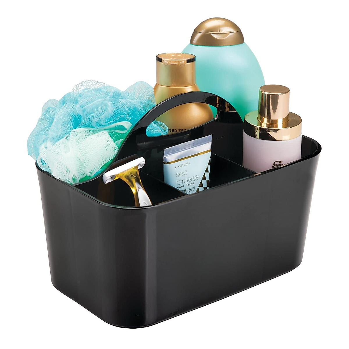 mDesign Small Plastic Shower/Bath Storage Organizer Caddy Tote with Handle for Dorm, Shelf, Cabinet - Hold Soap, Shampoo, Conditioner, Combs, Brushes, Lumiere Collection, Black