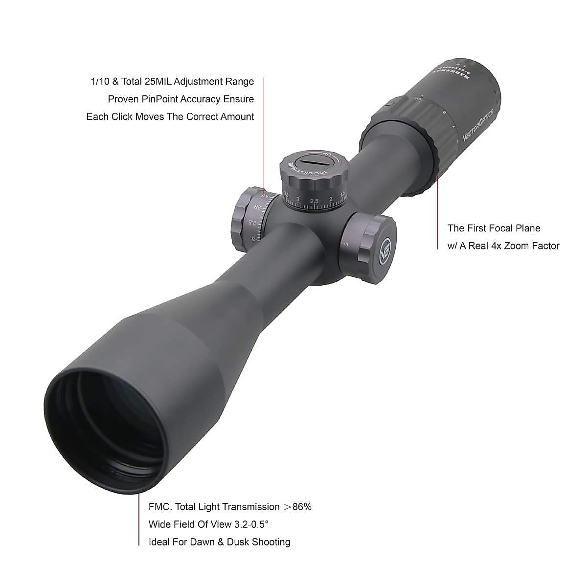 Vector Optics Marksman 6-24x50 mm First Focal Plane (FFP) 1/10 MIL Hunting Riflescope with VPA-MF Reticle, 30mm Tactical Mount Rings, Lens Covers and Honeycomb Sunshade