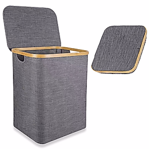 Mindore Laundry Hamper with Lid,60L Collapsible Laundry Basket with Bamboo Handles,Portable Clothes Hamper for Dorm Room, Bathroom, Bedroom,Grey Foldable Hamper for Toys, Closet, Clothing
