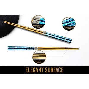 Metal Chopsticks Titanium Plated Stainless Steel Chopsticks Reusable Dishwasher safe Japanese Korean Chopstick lightweight Anti-slip Chop sticks 2 Pairs Blue Gold and 2 Pairs Black Gold Bundle Set