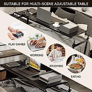 Elevon Overbed Table Desk Over Bed King Queen Laptop Wheels, Adjustable, Black